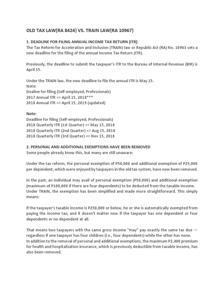 Comparison of Old Tax Law and Train Law | PDF | Tax Exemption ...