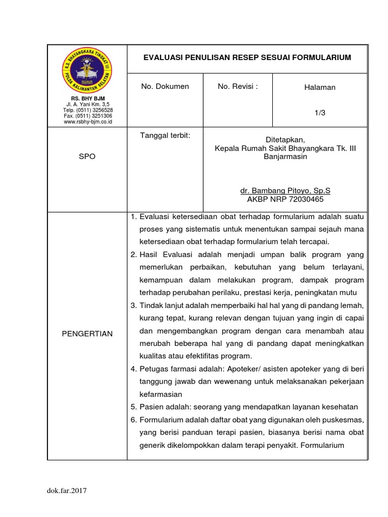 Spo Evaluasi Penulisan Resep Sesuai Formularium | PDF