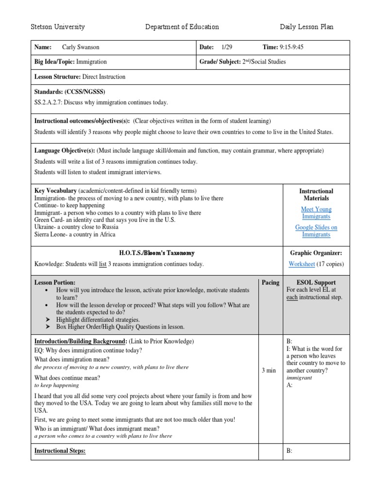 Social Studies Lesson Plan Day 1 | PDF | Lesson Plan | Immigration