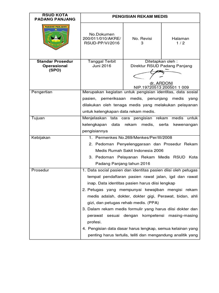 Sop Pengisian Rekam Medis | PDF | Sains & Matematika