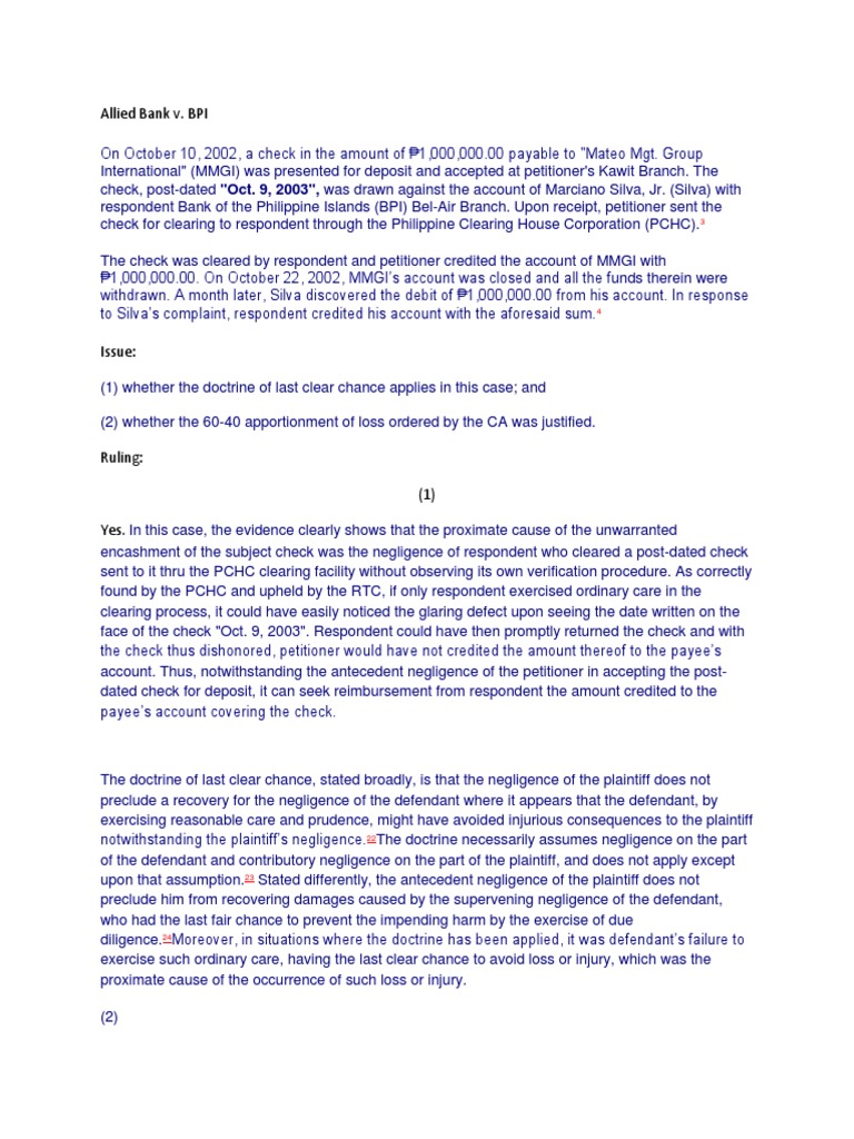 Allied Bank v. BPI Last Clear Chance | PDF | Negligence | Duty Of Care