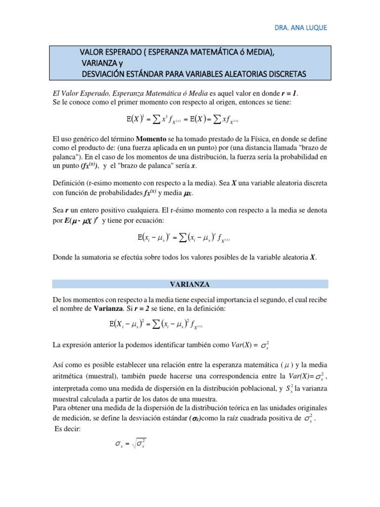 Valor Esperado, Esperanza Matematica, (Variables Aleatorias Discretas) | PDF | Variable ...