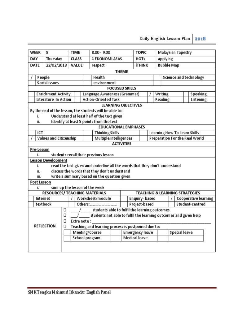 Week Time Topic DAY Class Hots Date Ithink Theme: Daily English Lesson ...