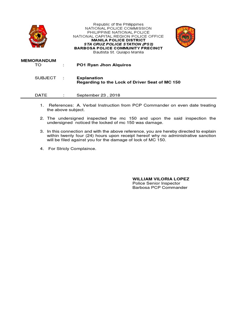 Memorandum PO1 Ryan Jhon Alquiros: Manila Police District Barbosa ...