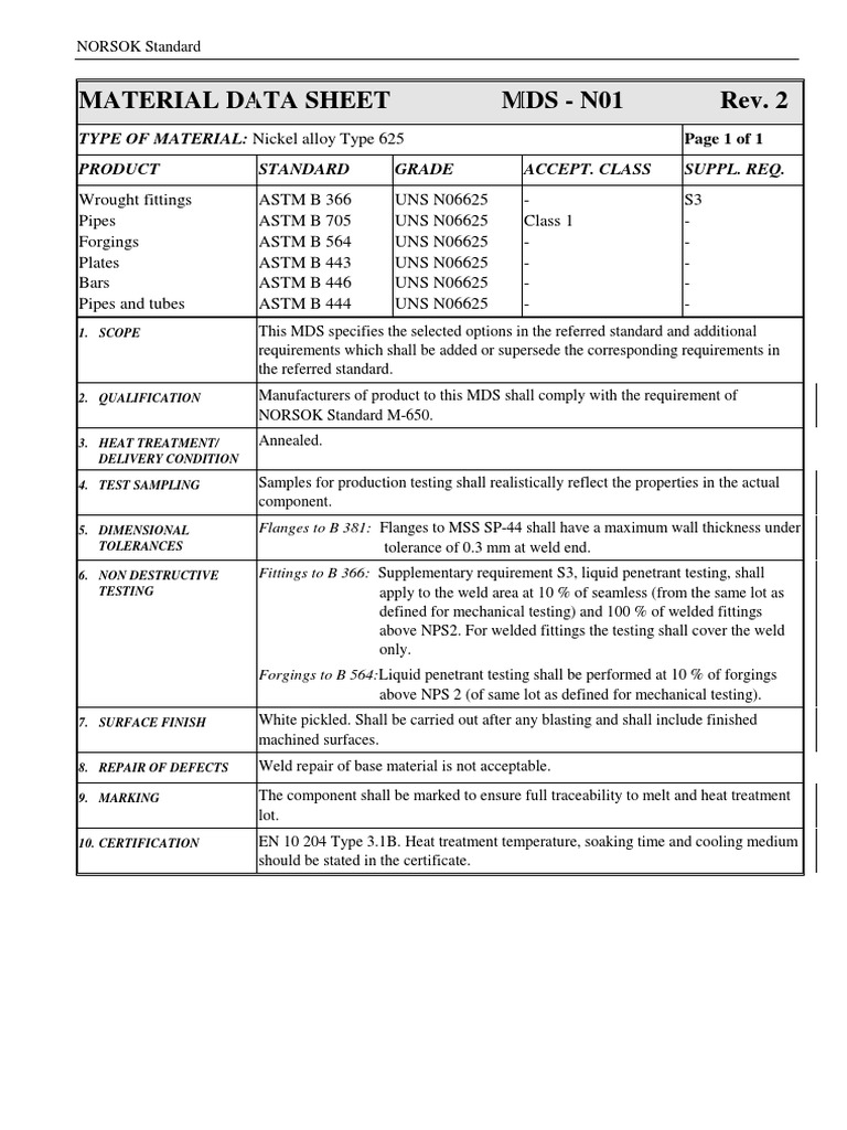 Material Data Sheet MDS - N01 Rev. 2 | PDF | Pipe (Fluid Conveyance ...