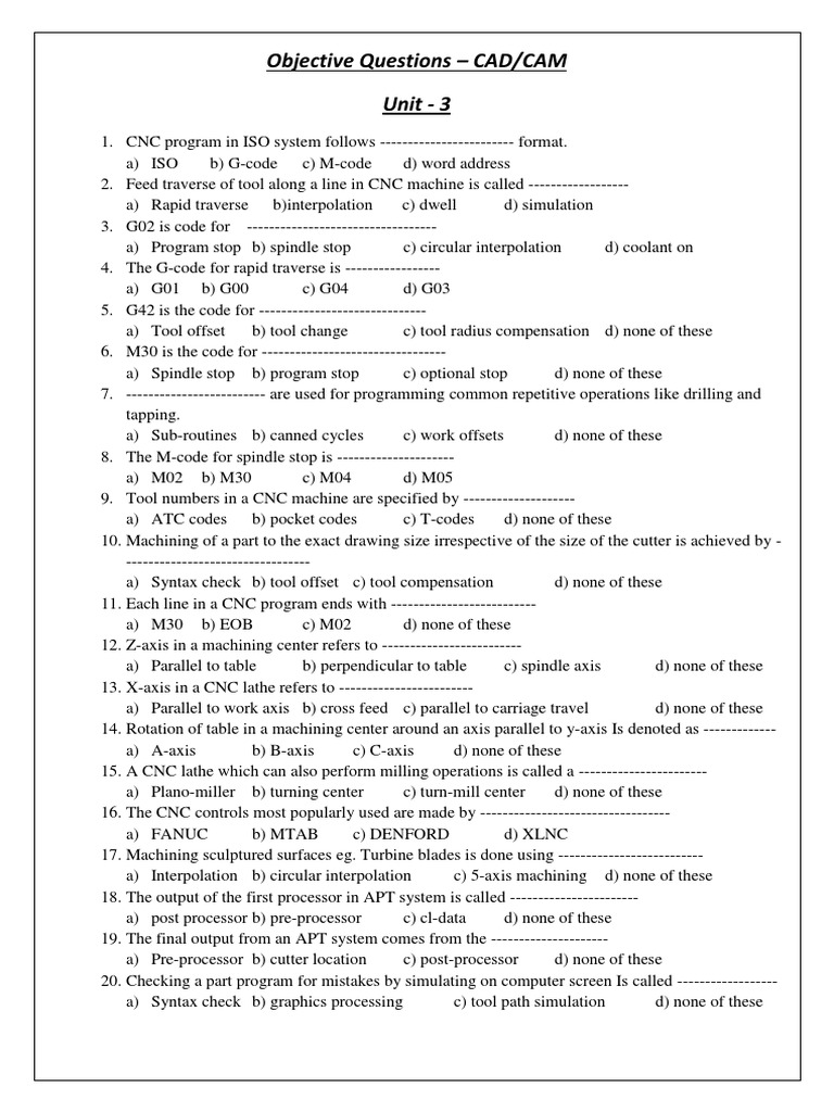 Objective Questions - CAD/CAM Unit - 3 | PDF | Numerical Control ...