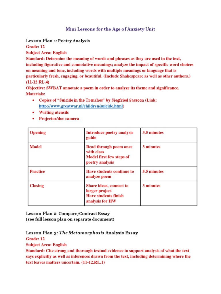 Mini Lessons Age of Anxiety Eng480 | PDF | Essays | Lesson Plan
