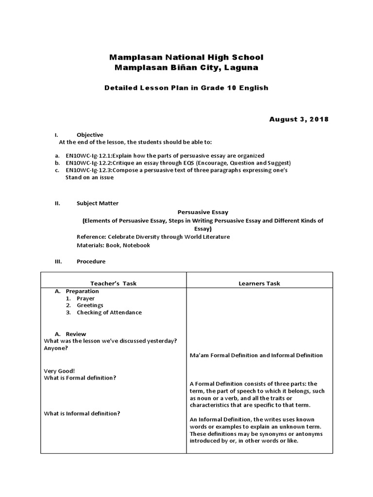 Persuasive Essay Lesson Plan for 10th Grade | PDF | Persuasion | Essays