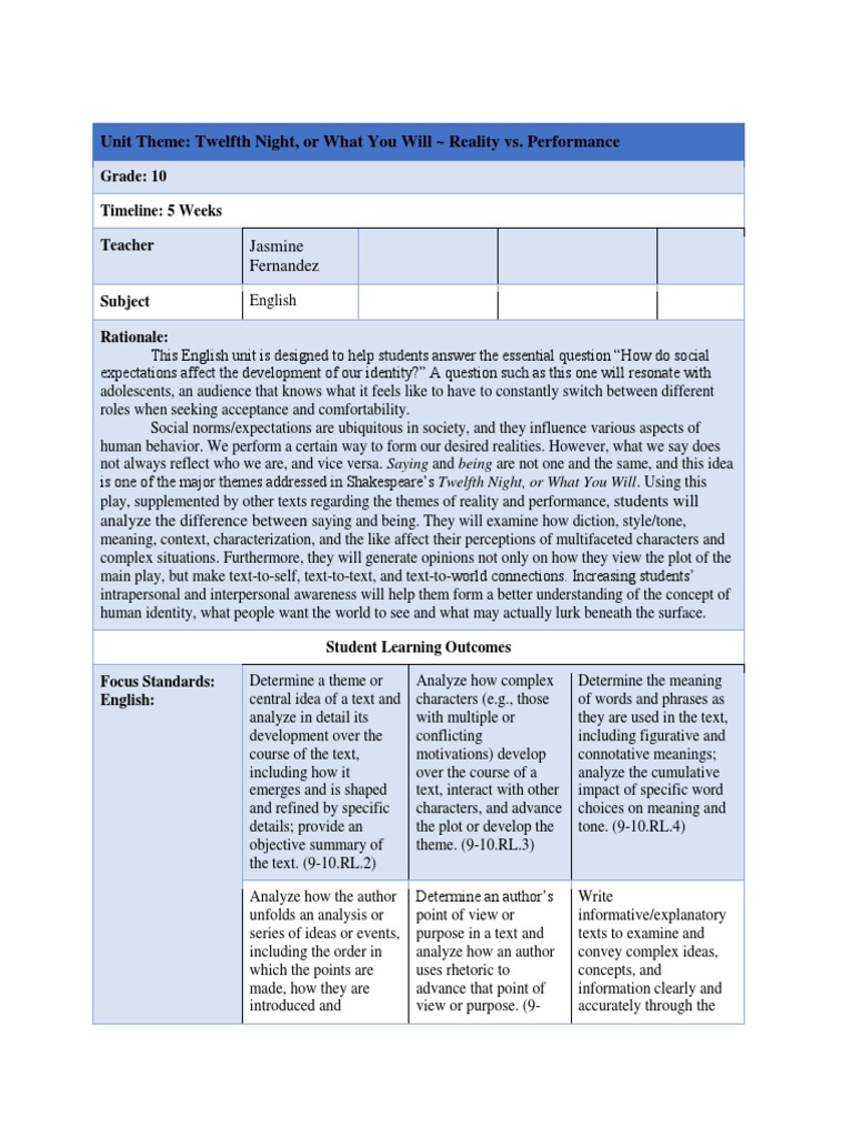Twelfth Night Unit Plan for 10th Grade | PDF | Identity (Social Science ...