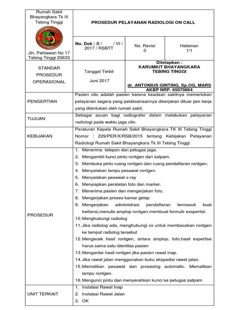 003 - Prosedur Pelayanan Radiologi On Call RSBTT | PDF