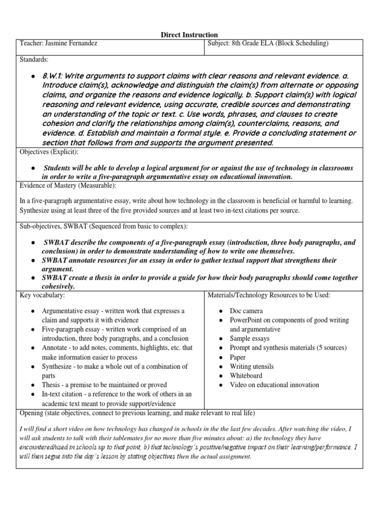 Technology Essay Lesson Plan Tel311 | PDF | Essays | Argument