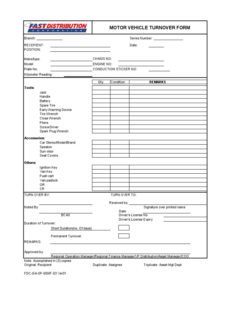 Motor Vehicle Turnover Form Template | PDF