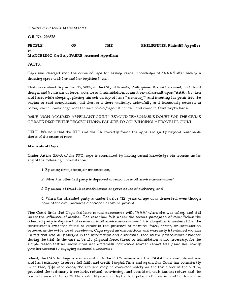 Rape Case Digest: People vs. Caga | PDF | Judgment (Law) | Rape