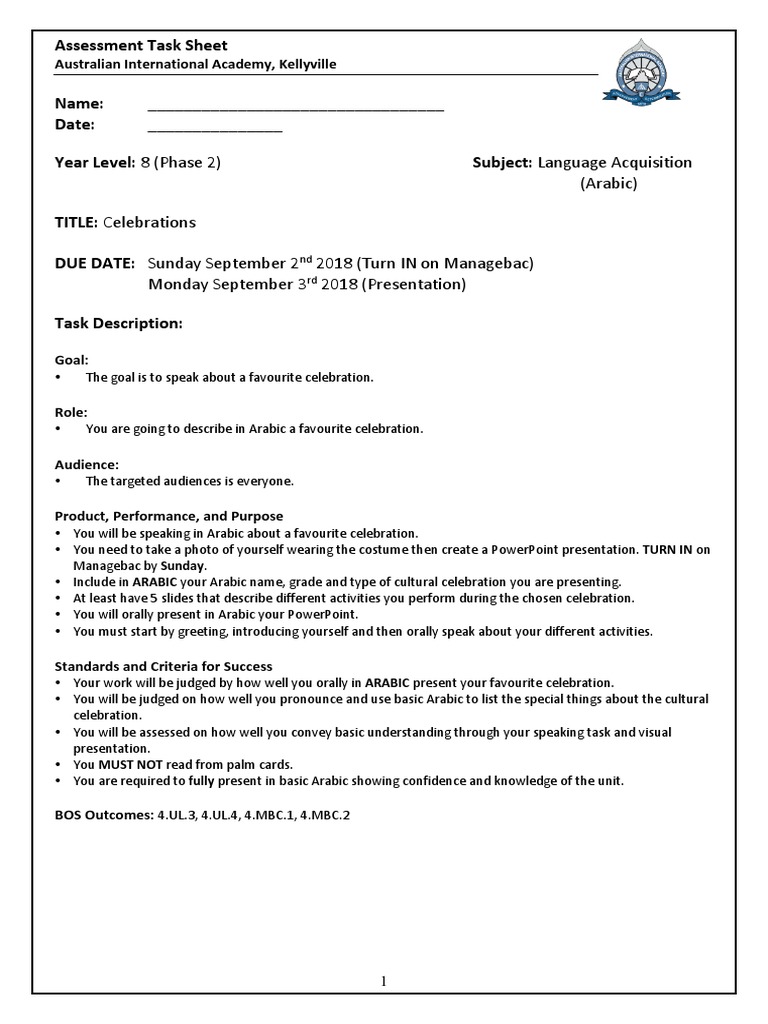 Assessment Task Sheet: Australian International Academy, Kellyville ...