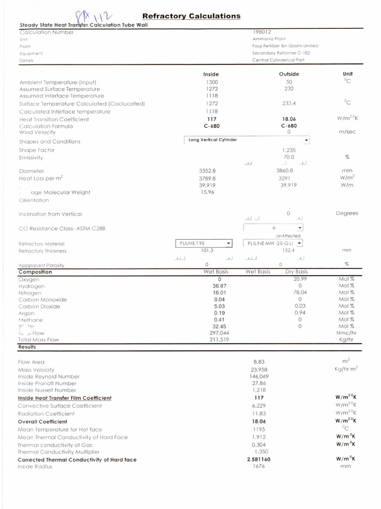 Refractory Calculation Sheet For C-102(1).PDF | Thermal Conductivity ...