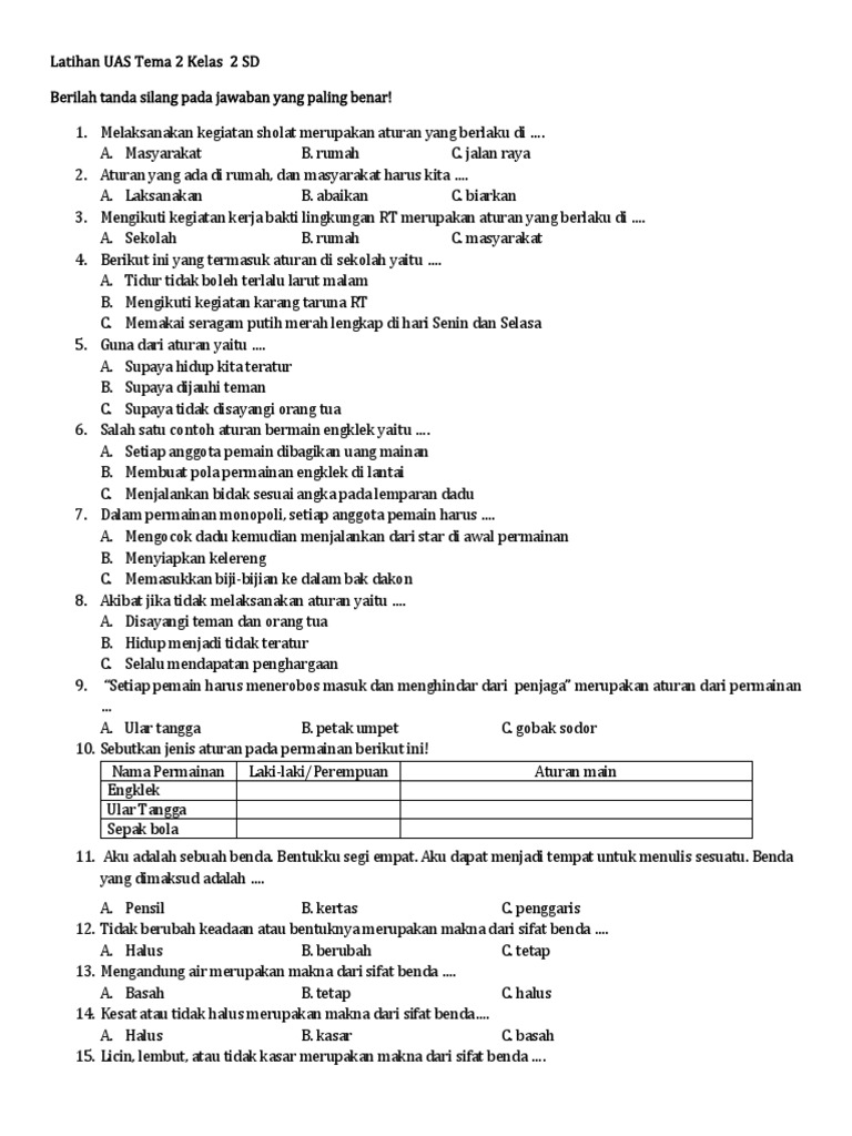 Latihan Uas Tema 2 Kelas 2 Sd Pdf