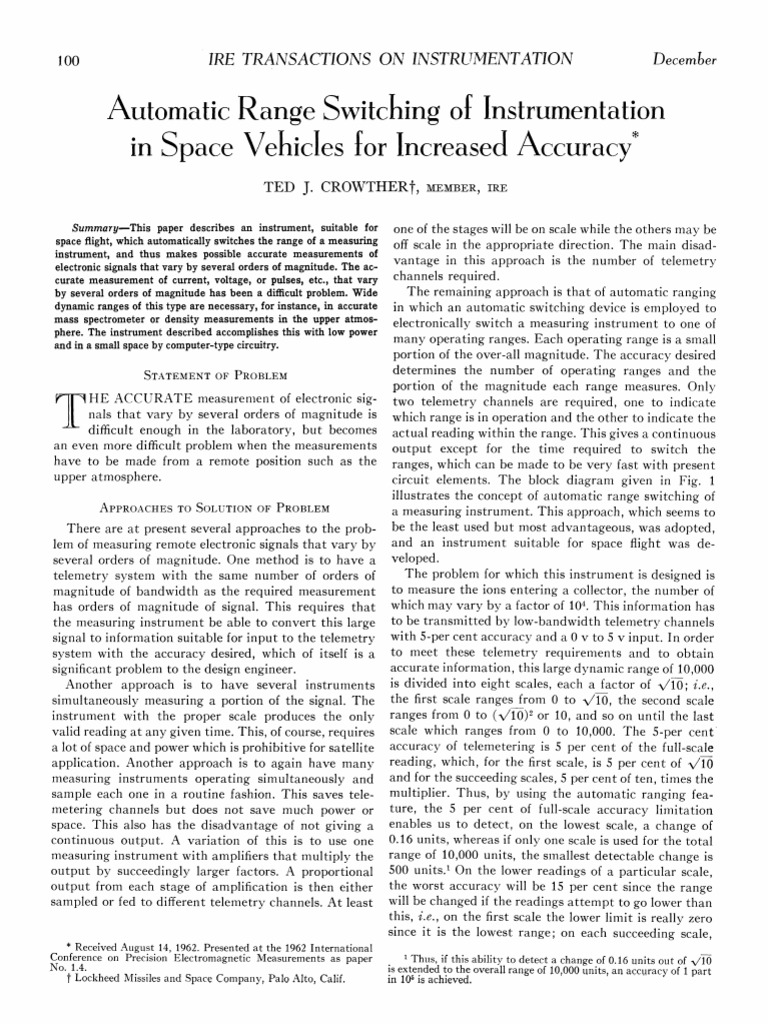 Automatic Range Switching of Instrumentation in Space Vehicles For ...