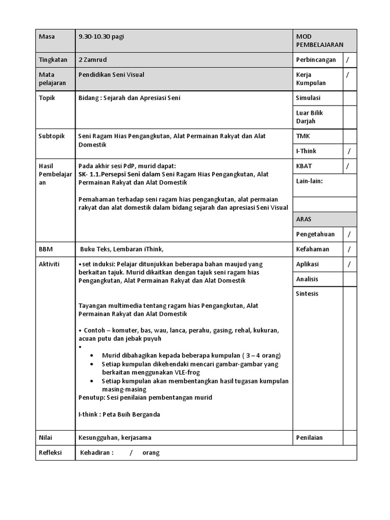RPH Pendidikan Seni Visual Tingkatan 2 KSSM | PDF