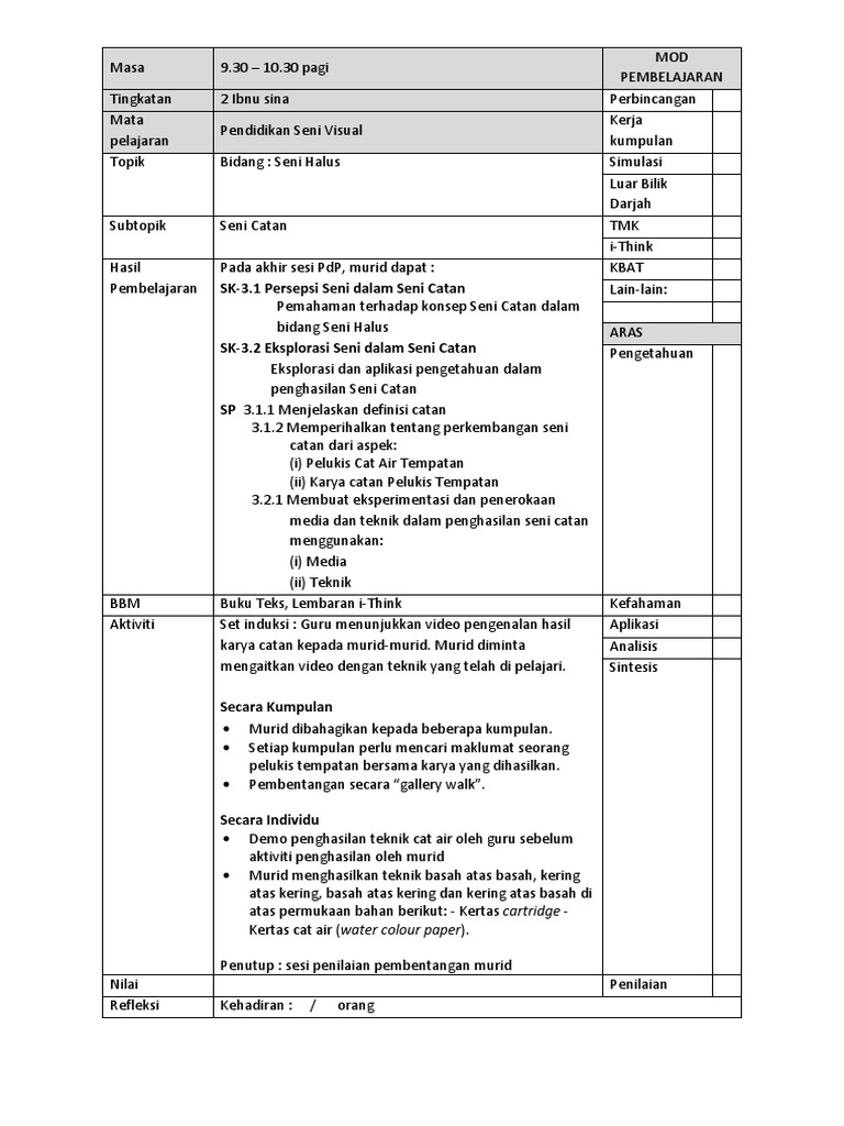RPH Pendidikan Seni Visual Tingkatan 2 KSSM | PDF