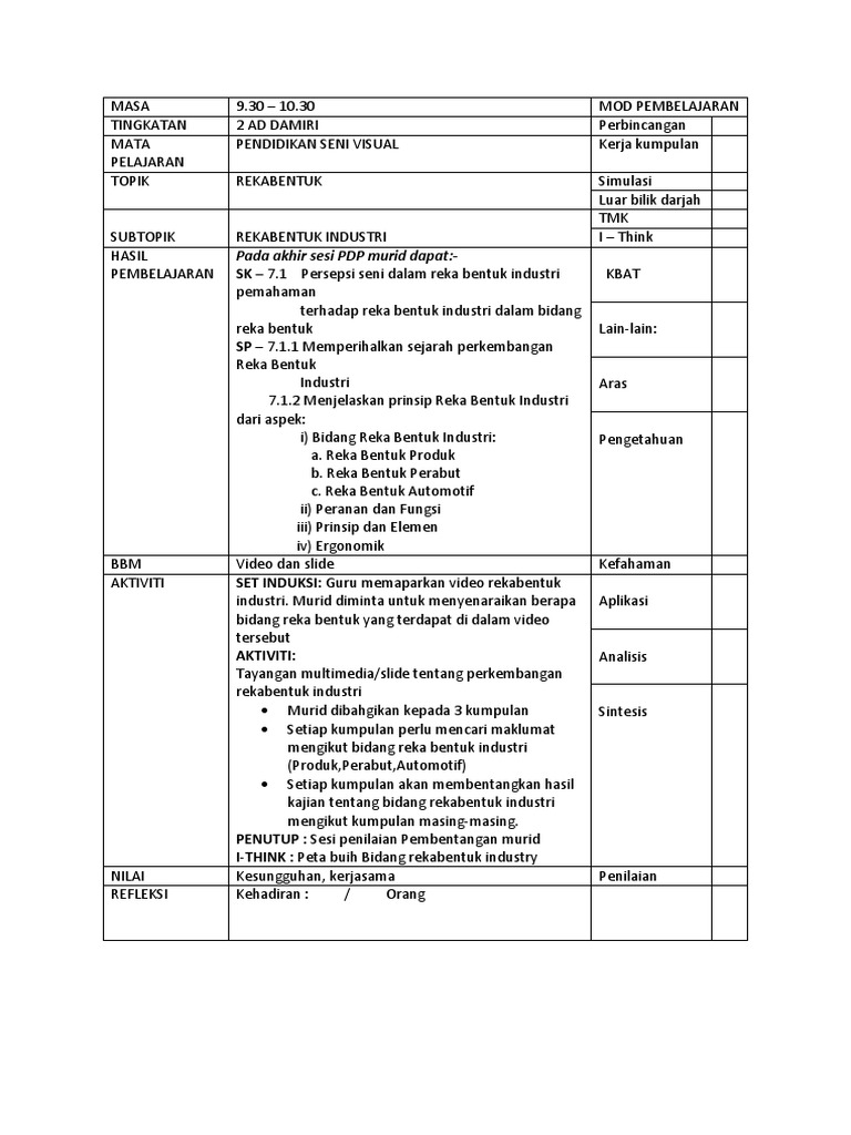 RPH Pendidikan Seni Visual Tingkatan 2 KSSM | PDF