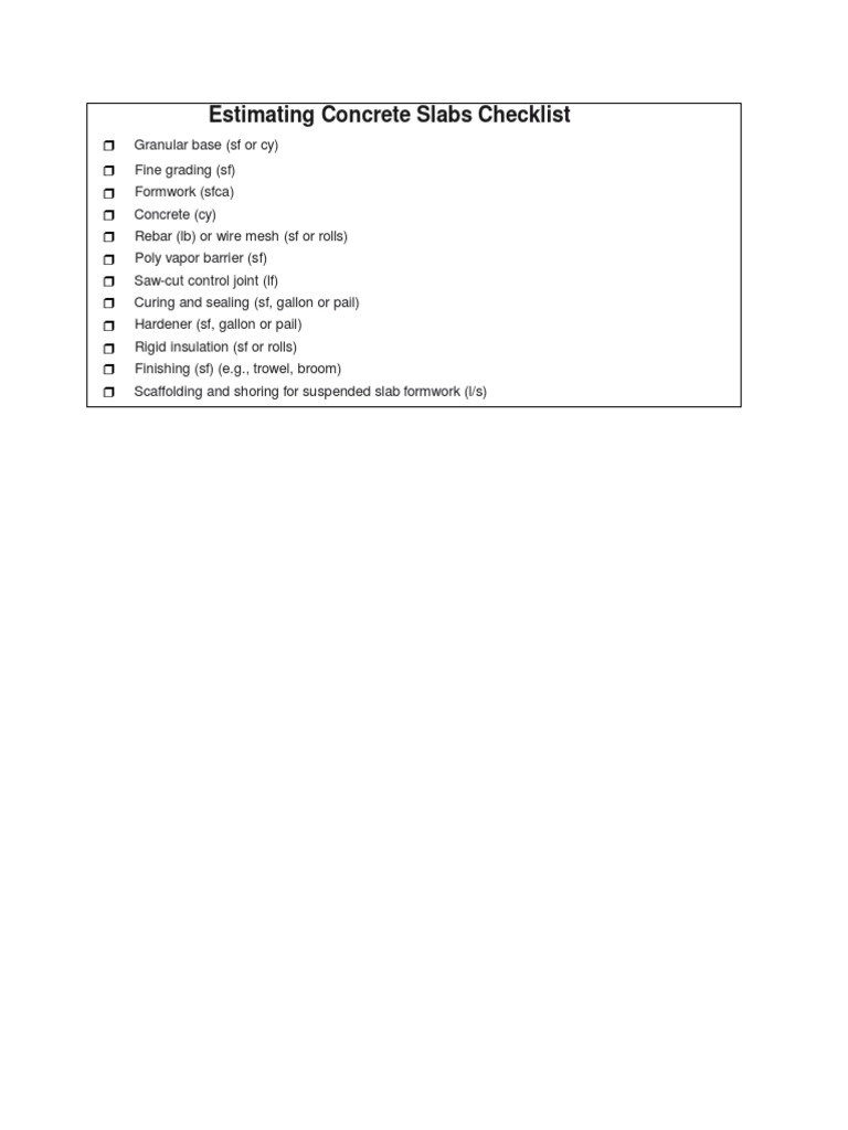 Estimating Concrete Slabs Checklist | PDF