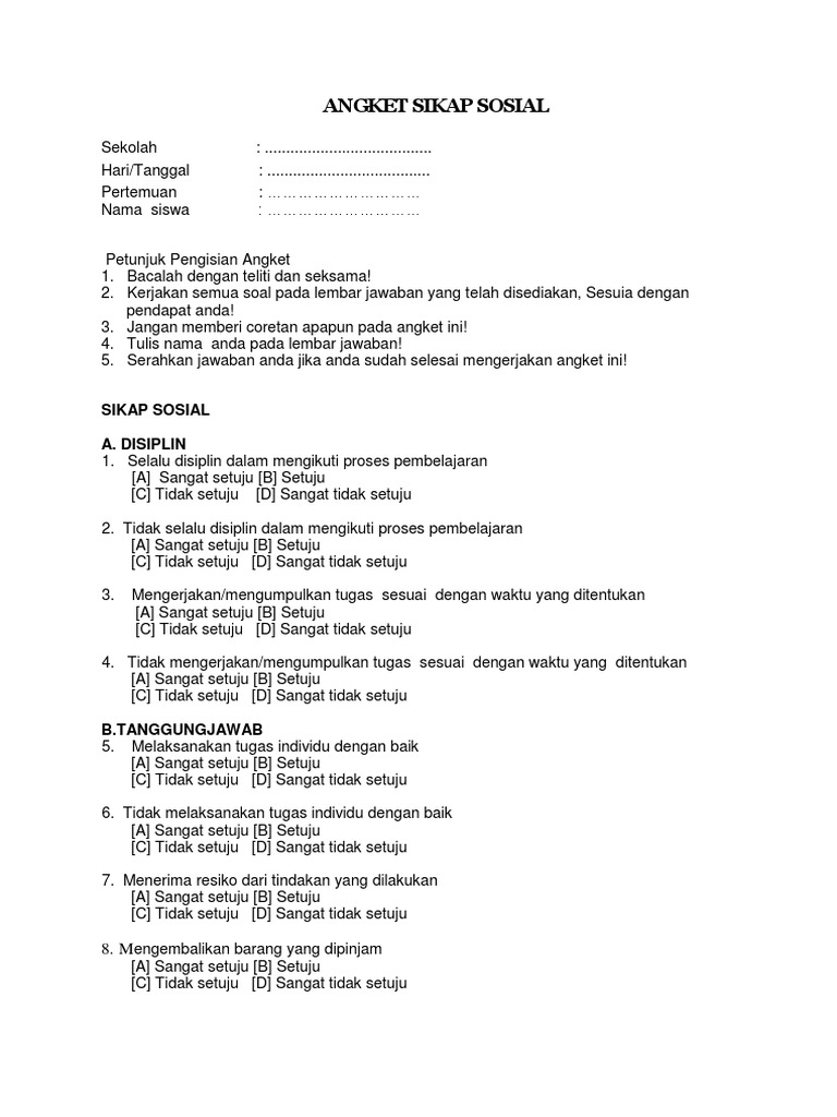 Angket Penilaian Sikap Sosial Siswa | PDF | Pengembangan Diri