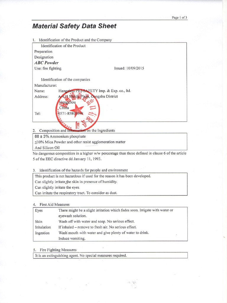 MSDS For Dry Powder Fire Extinguisher-PRI-SAFETY DC-UL2.5 | PDF