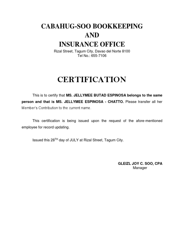 Certification: Cabahug-Soo Bookkeeping AND Insurance Office | PDF
