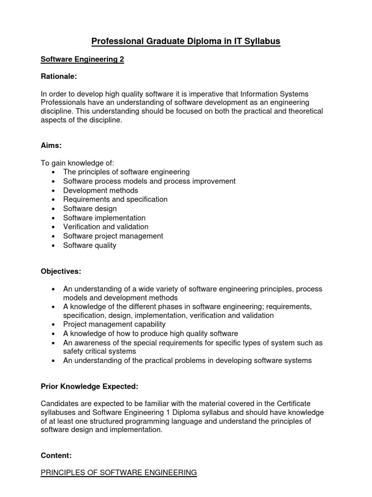 Professional Graduate Diploma in IT Syllabus: Software Engineering 2 ...