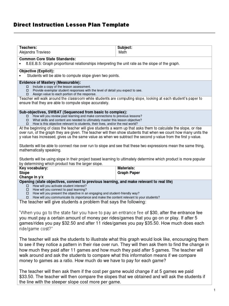 Direct Instruction Lesson Plan Template 1 | Download Free PDF ...