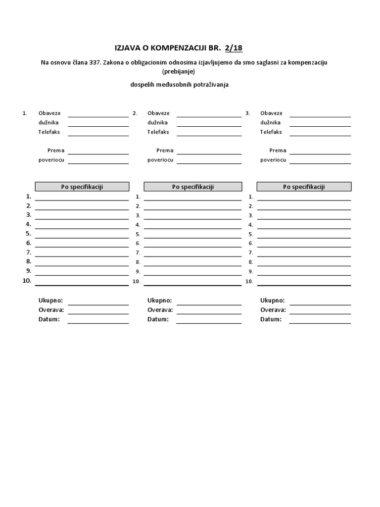 IZJAVA O KOMPENZACIJI Višestrukoj | PDF