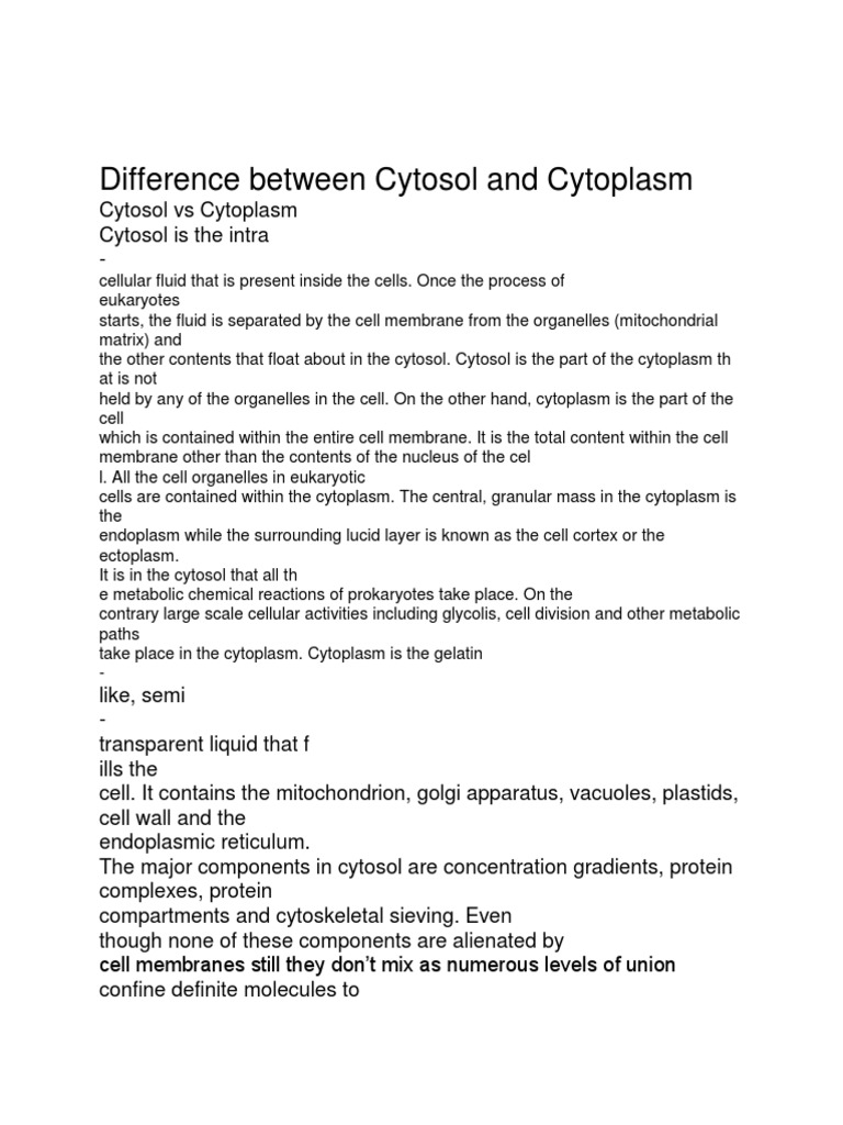 Cytosol vs Cytoplasm: Key Differences | PDF | Cytosol | Cytoplasm