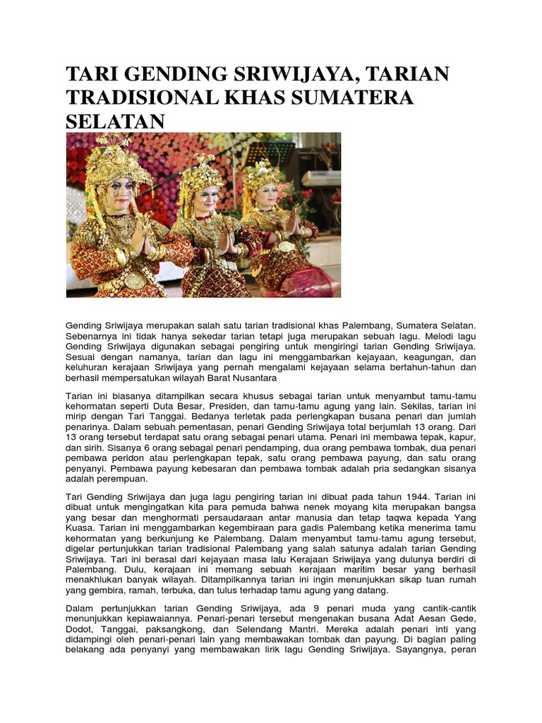 Tari Gending Sriwijaya, Tarian Tradisional Khas Sumatera Selatan | PDF