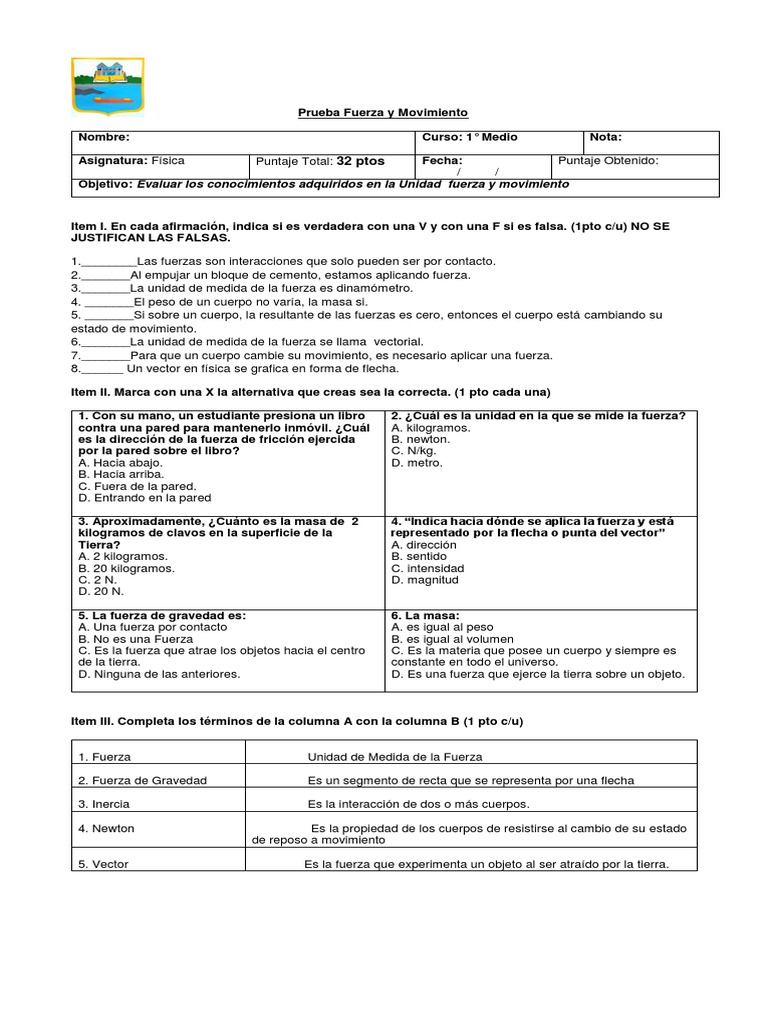 Evaluación Fuerza y Movimiento | PDF | Fuerza | Masa