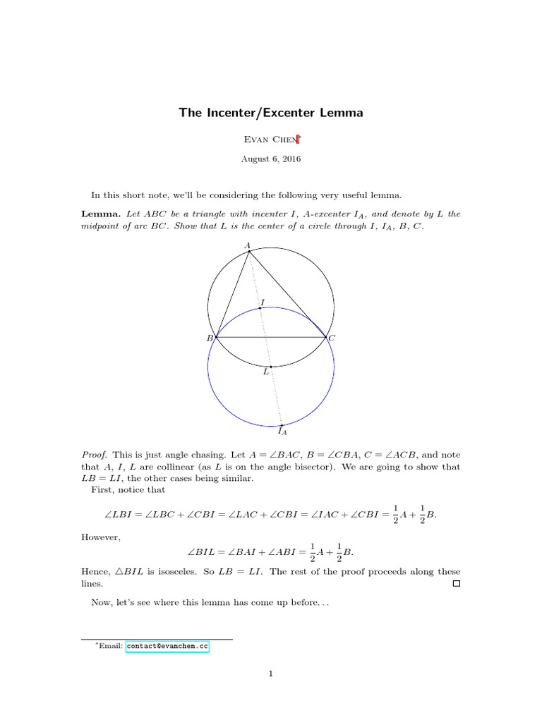 The Incenter/Excenter Lemma: August 6, 2016 | PDF | Triangle | Polytopes