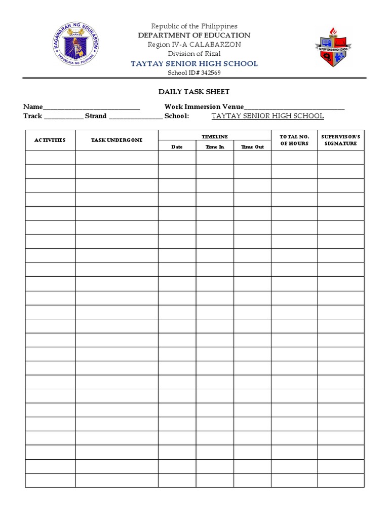 Daily task sheet template for work immersion students | PDF