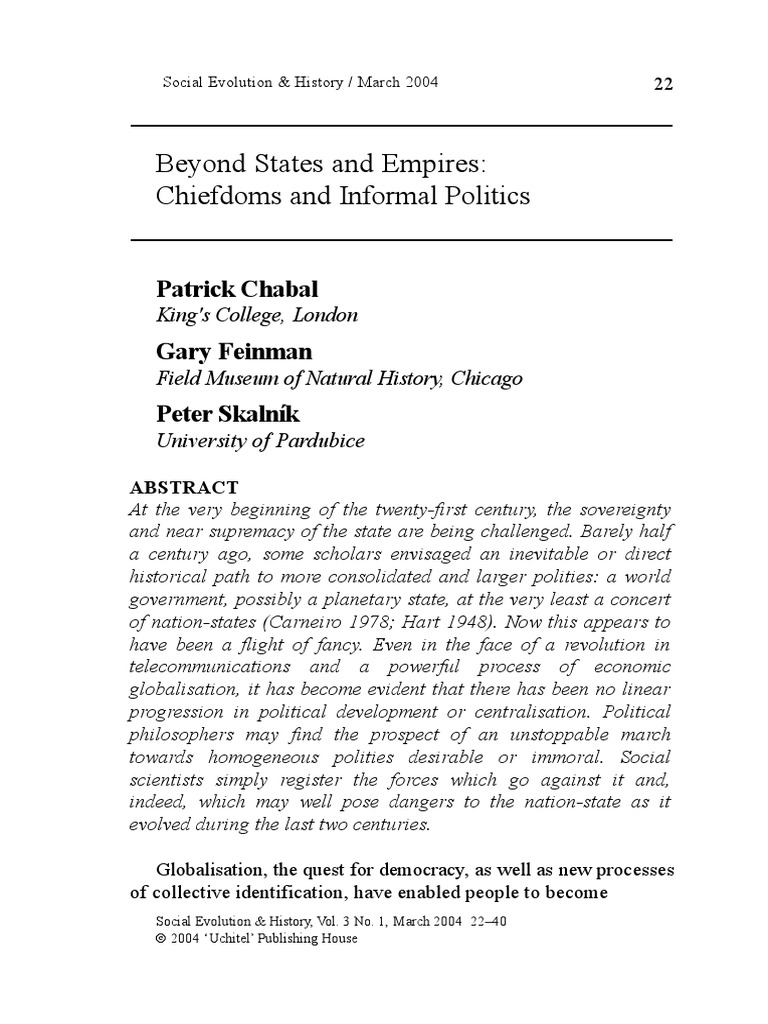 Beyond States & Empires: Chiefdoms as Models for Informal Politics ...