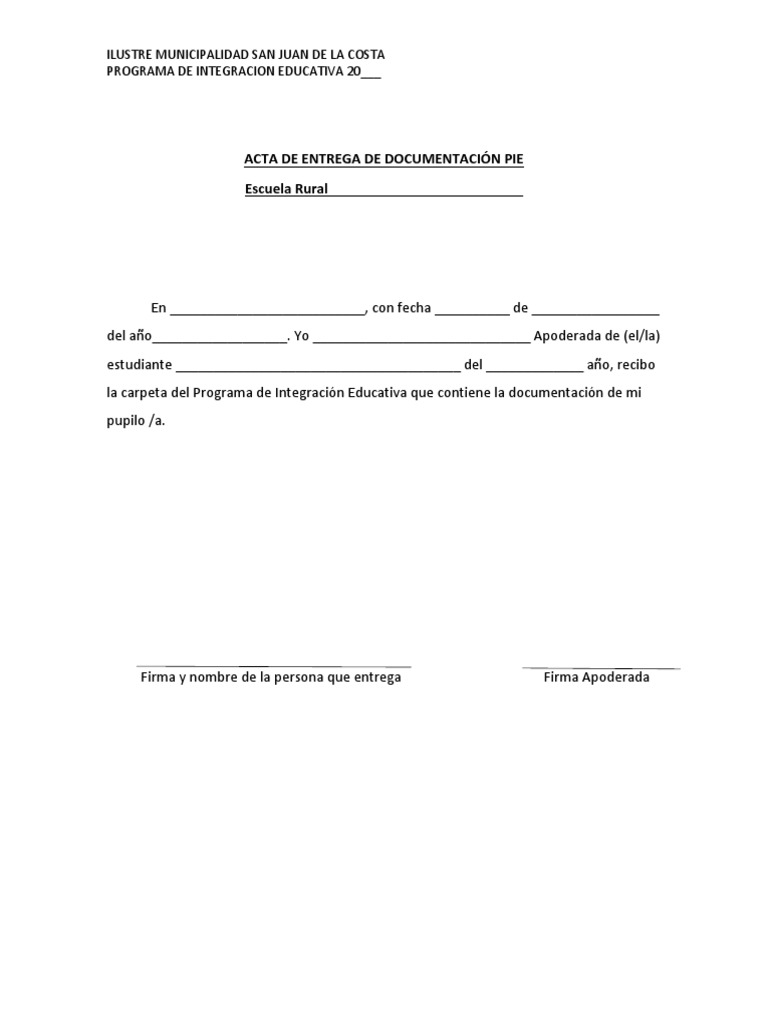 Acta de Entrega de Documentación Pie | PDF