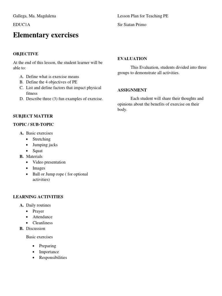 PE Lesson on Elementary Exercises | PDF | Lesson Plan | Behavior ...