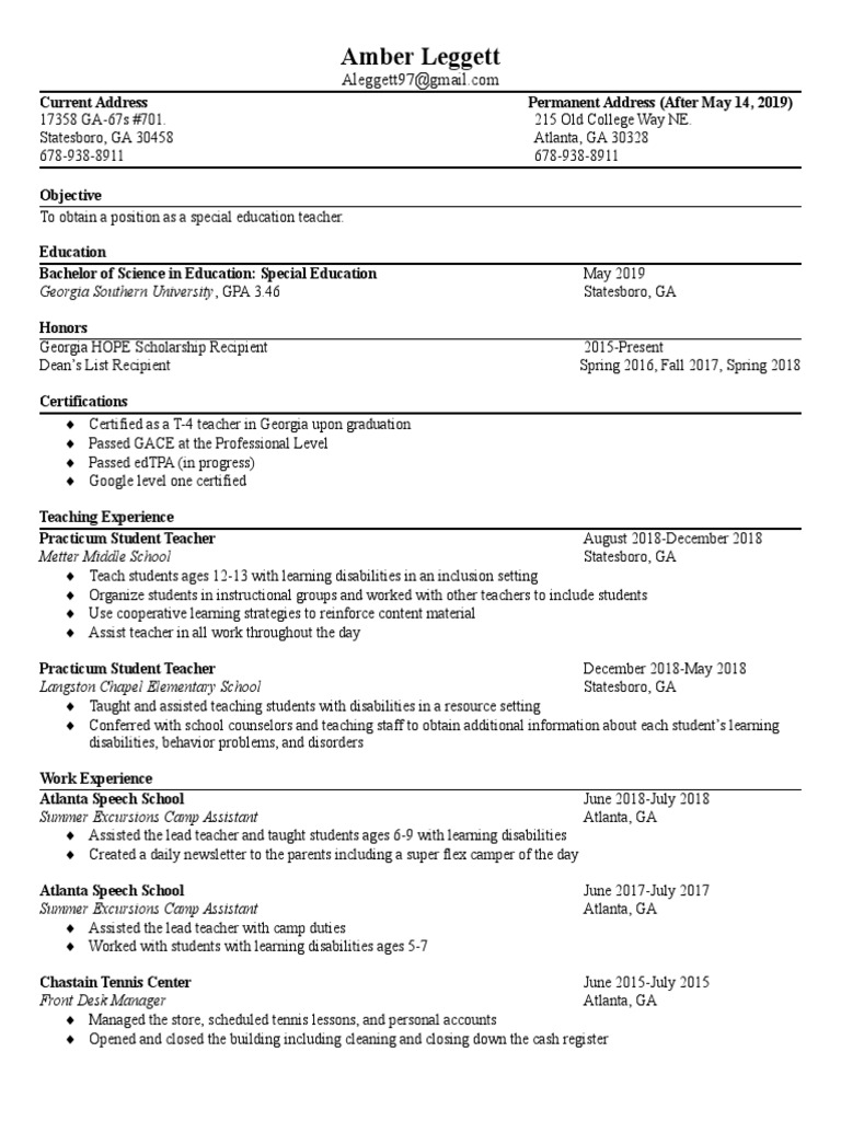 Leggett Revises 2 Resume Teaching 2018 | PDF | Special Education ...