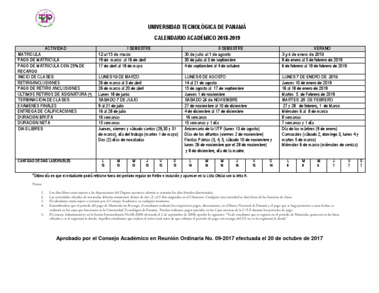 Utp Calendario Academico 2018 2019 Descargar Gratis Pdf Calendario