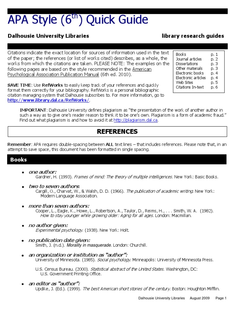 APA Style (6) Quick Guide: Dalhousie University Libraries Library ...