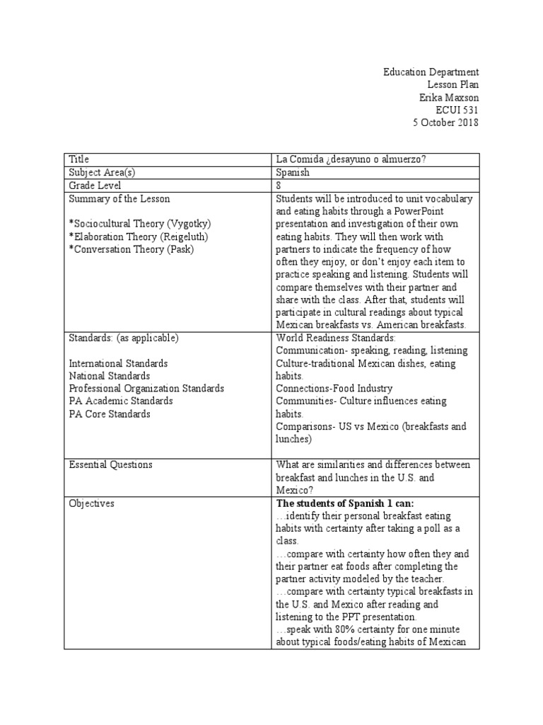 Lesson 1-La Comida | PDF | Differentiated Instruction | Teachers