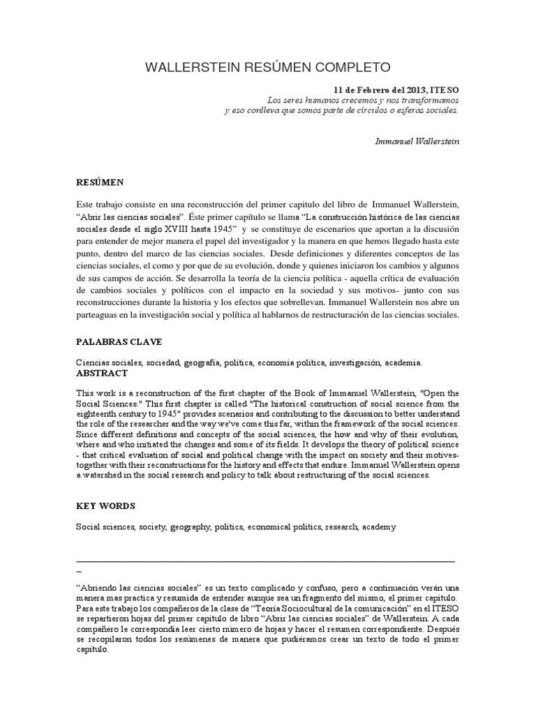 Wallerstein Resúmen Completo | PDF | Science | Conocimiento