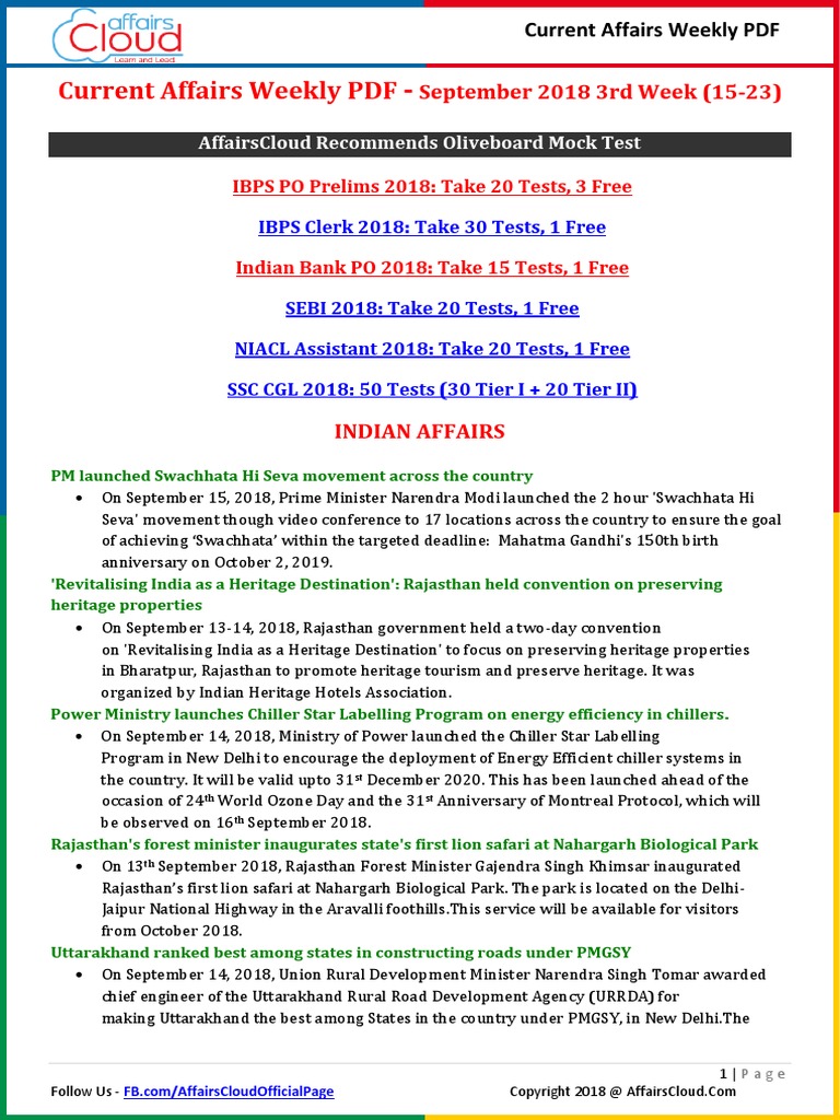 Current Affairs Weekly PDF - September 2018 Third Week PDF (15-23) by ...