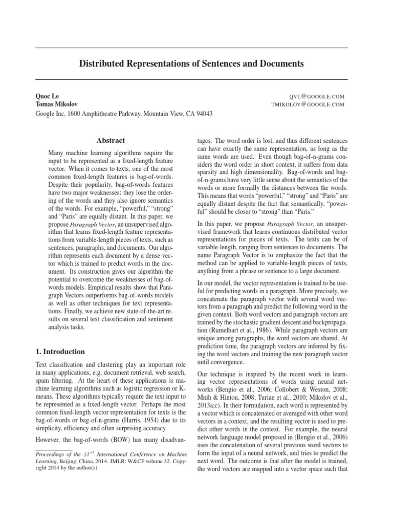 Distributed Representations Of Sentences And Documents Quoc Le Tomas Mikolov Pdf Artificial