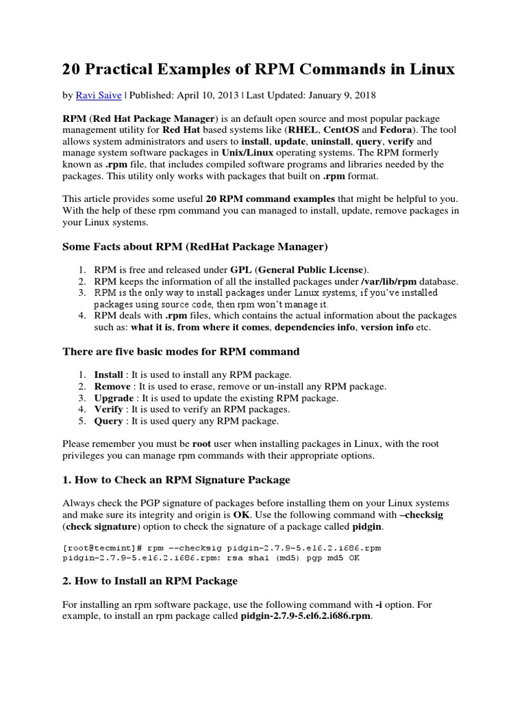 20 Practical Examples of RPM Commands in Linux | PDF | System Software | Computing