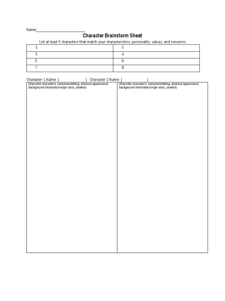 Characterbrainstormsheet | PDF | Career & Growth | Language Arts ...