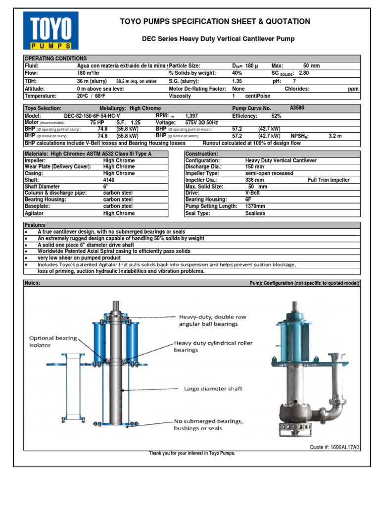 Toyo Pumps Specification Sheet & Quotation: DEC Series Heavy Duty ...
