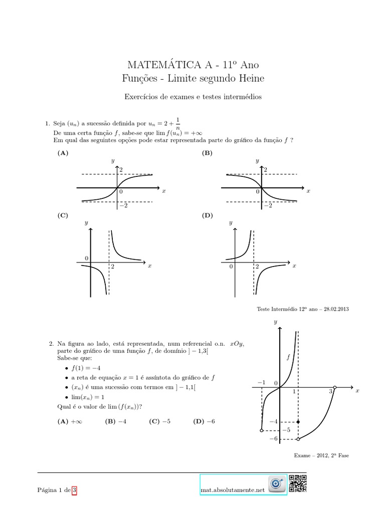 Ficha 15- Funções - Limite Segundo Heine | Função (Matemática) | Limite ...